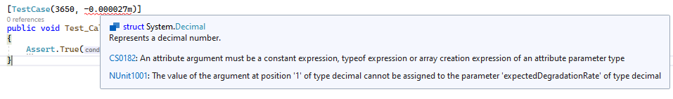 Testcaseattribute Gives A Nunit 1001 When Declaring An Explicit Decimal Where A Decimal Is