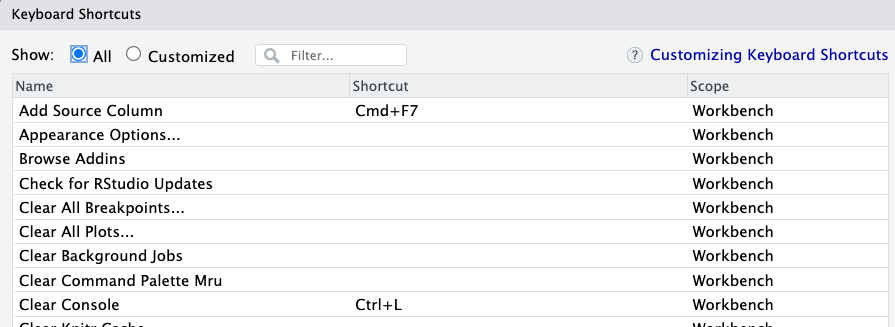 Keyboard shortcut editing: Scope says "Workbench" · Issue #12412 · rstudio/rstudio · GitHub