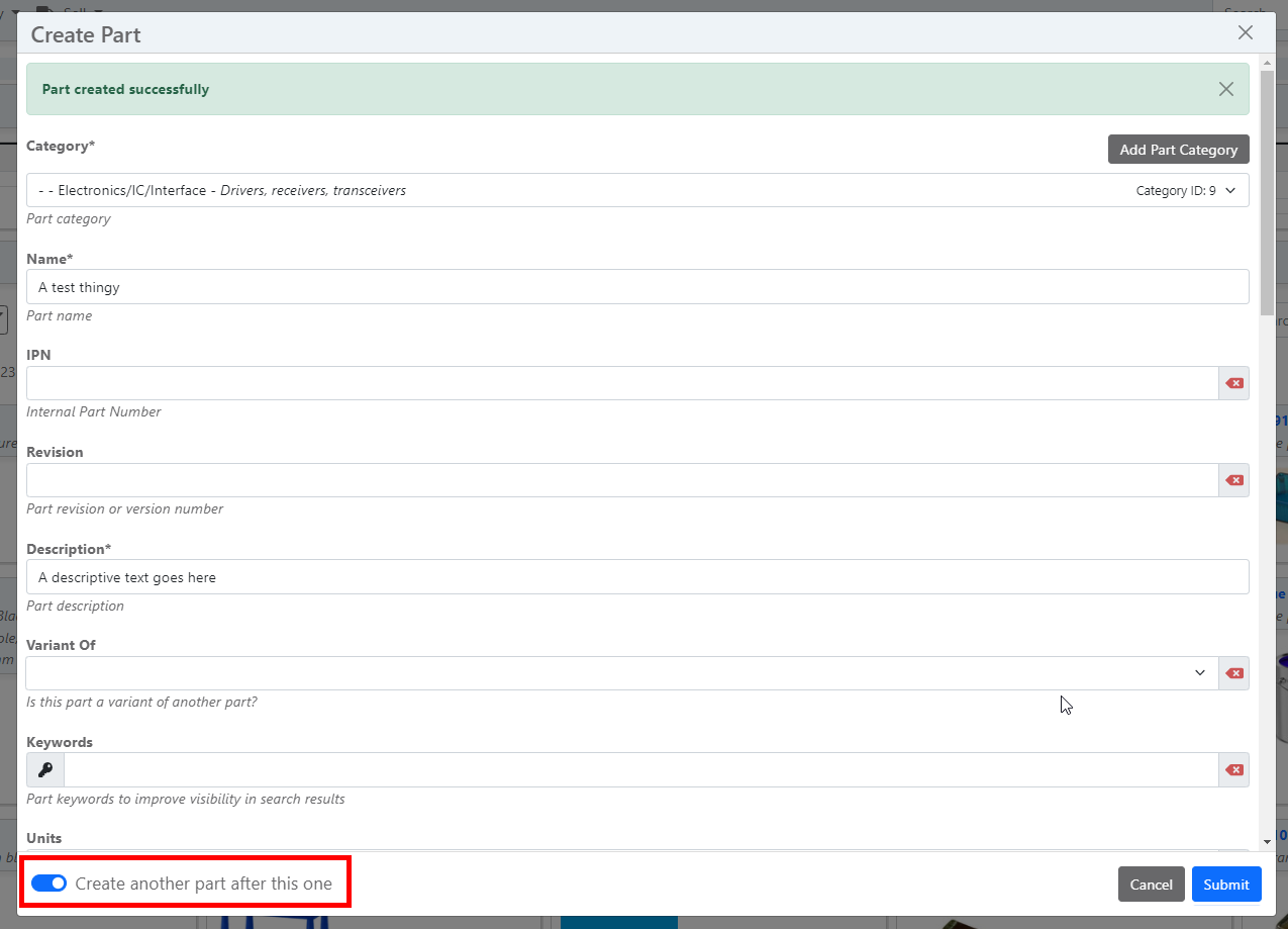 [FR] "Submit and create next part" option on Create Part dialogue · Issue #2642 · inventree ...