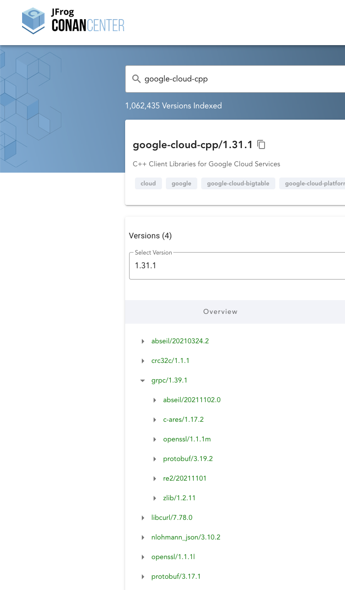 [package] google-cloud-cpp/1.31.1: Inconsistent depenencies · Issue #9615 · conan-io/conan ...