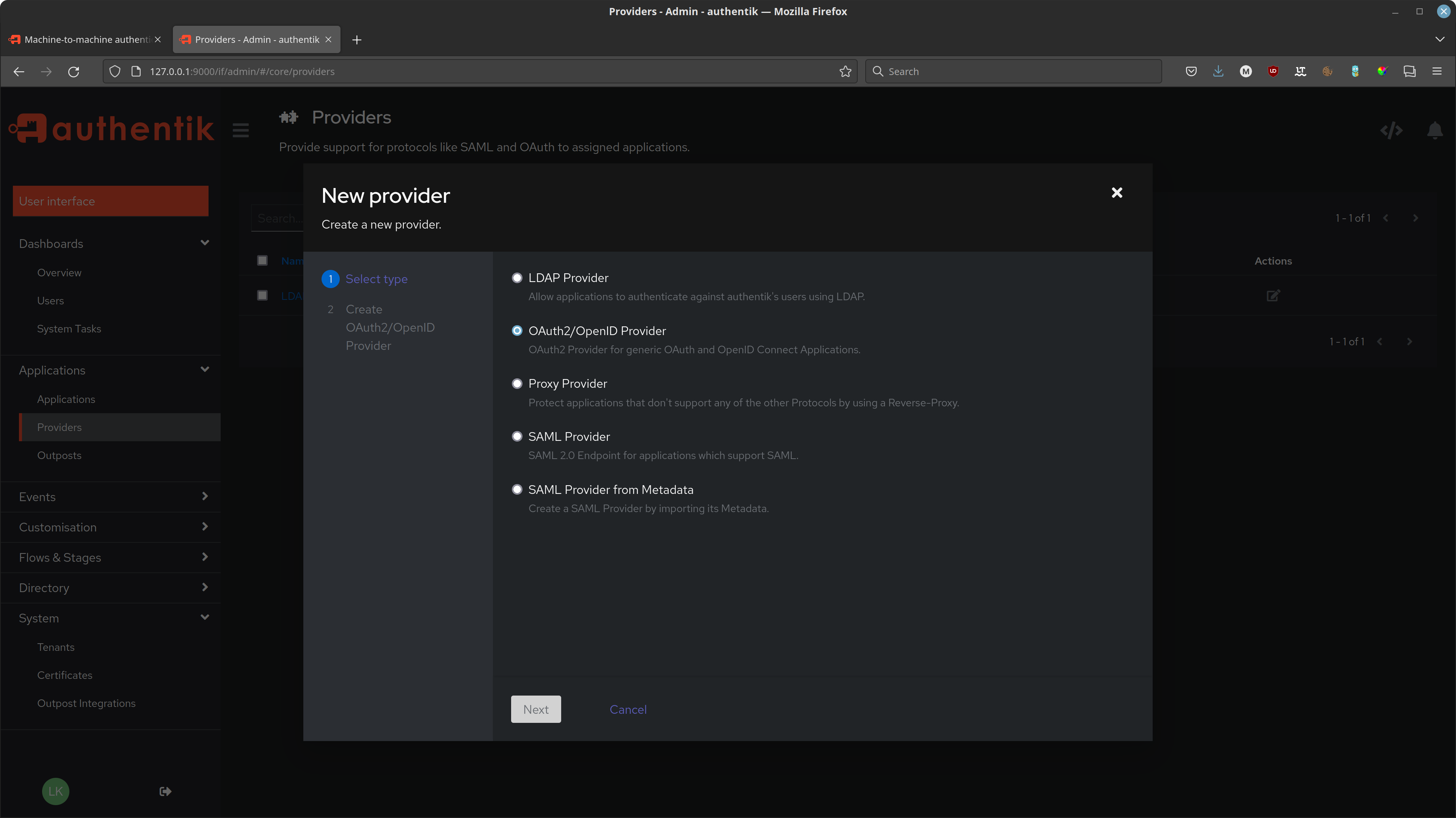 Next button inactive even though a type has been selected when creating new provider · Issue ...