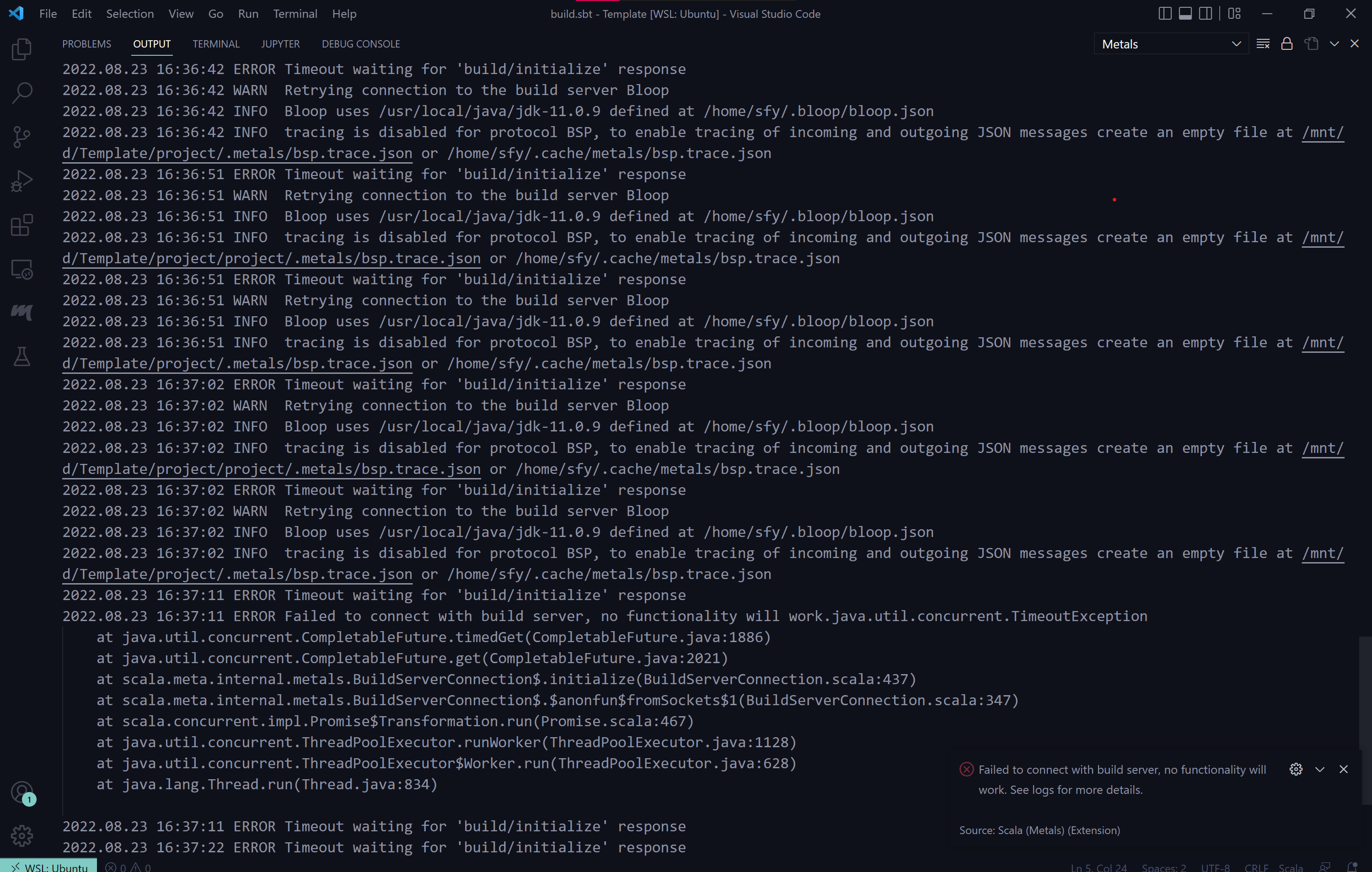 Something wrong using metals in WSL2 · Issue #1125 · scalameta/metals-vscode · GitHub