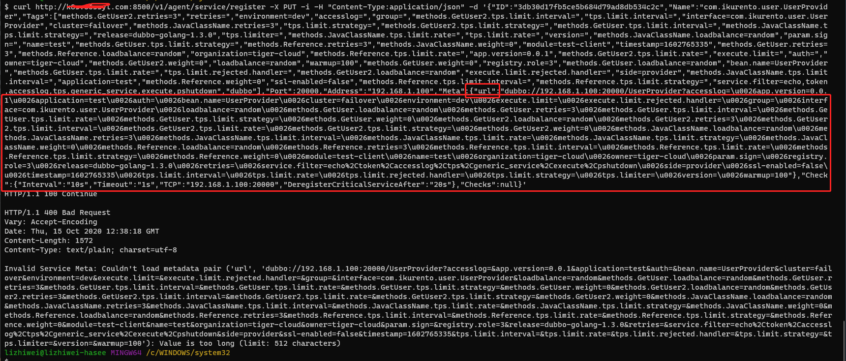 how to make sure consul register service mata map's value length >= 512 ...