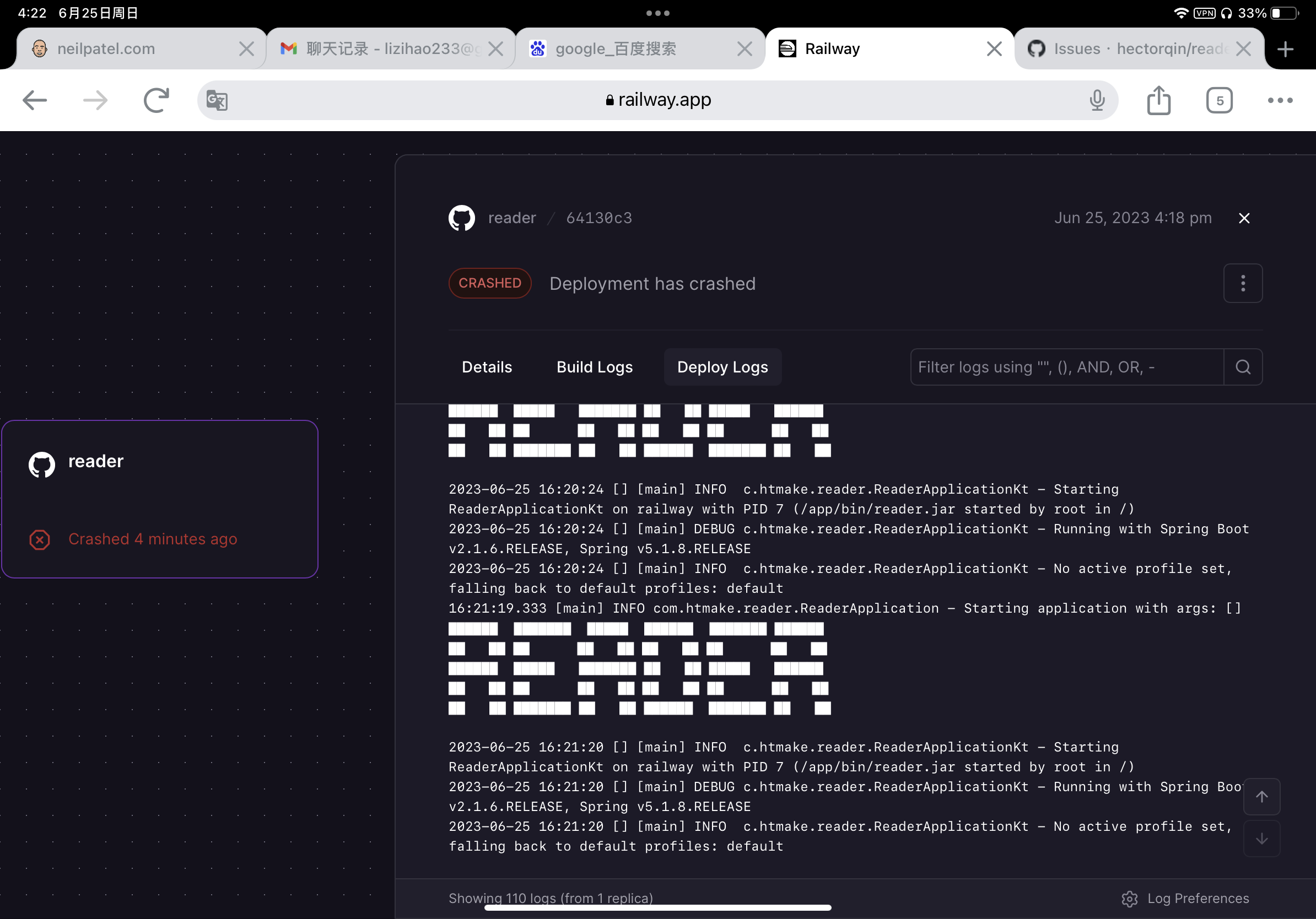 在railway平台部署后过一会就崩溃了 · Issue #399 · hectorqin/reader · GitHub