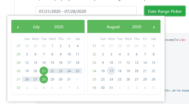 Error in selected days visualization when showWeekNumbers is set to false in DateRangePicker ...
