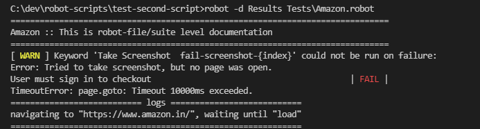 New Page keyword not working, gives a "TimeoutError: page.goto: Timeout 10000ms exceeded ...