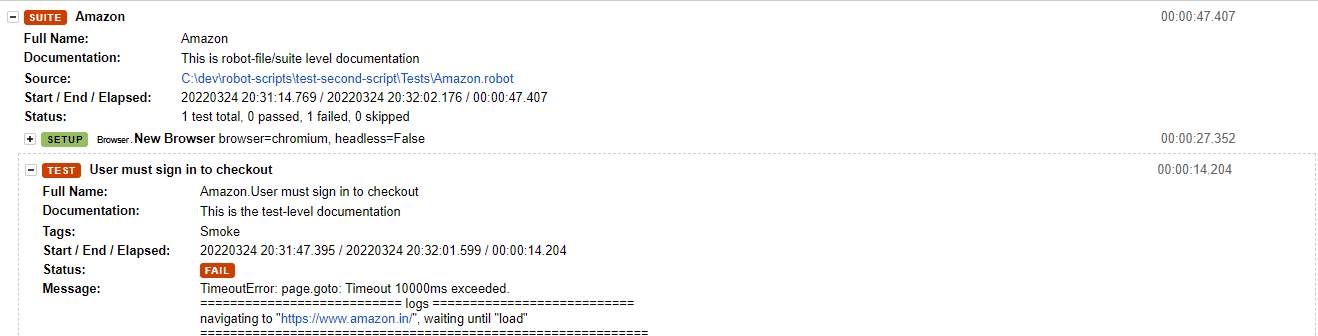 New Page keyword not working, gives a "TimeoutError: page.goto: Timeout 10000ms exceeded ...