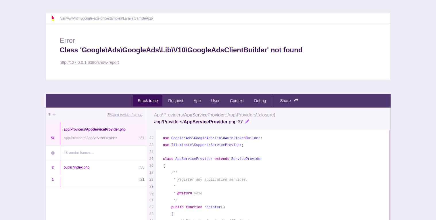 Error when executing LaravelApp · Issue #752 · googleads/google-ads-php · GitHub