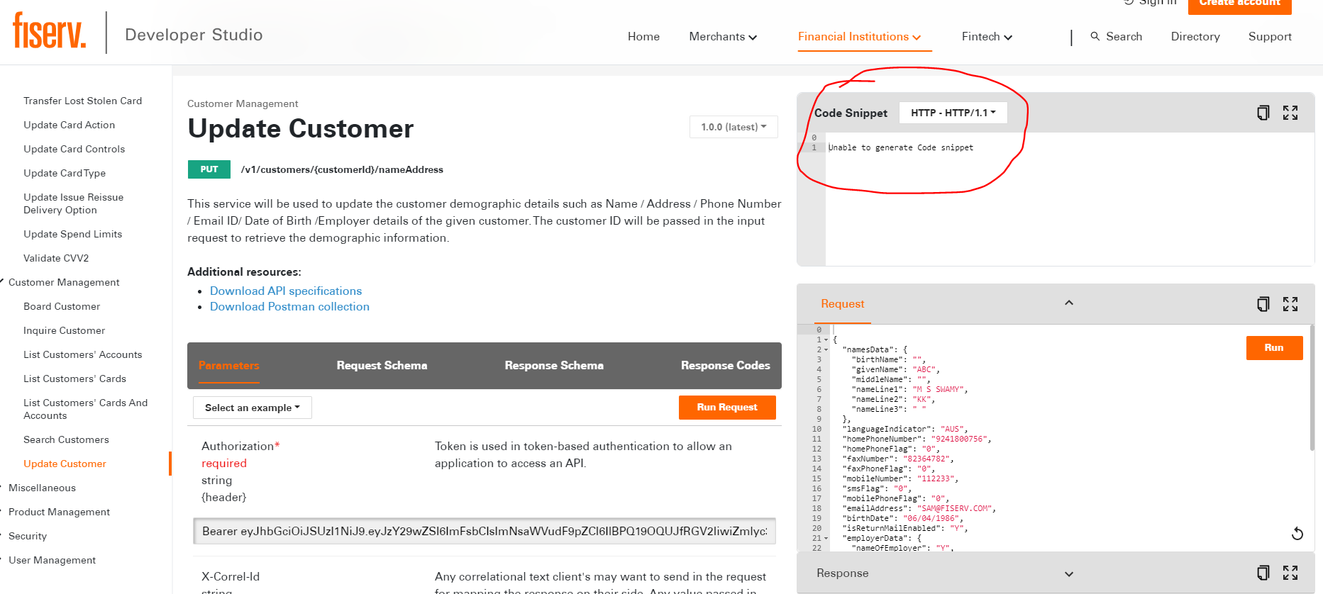 Code snippet is giving error for Some of the API · Issue #164 · Fiserv/Support · GitHub