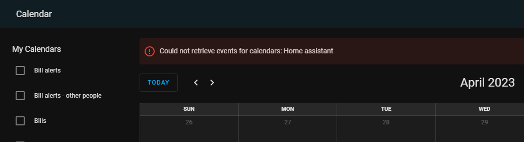 Error - Could not retrieve events for calendars · Issue #90998 · home-assistant/core · GitHub