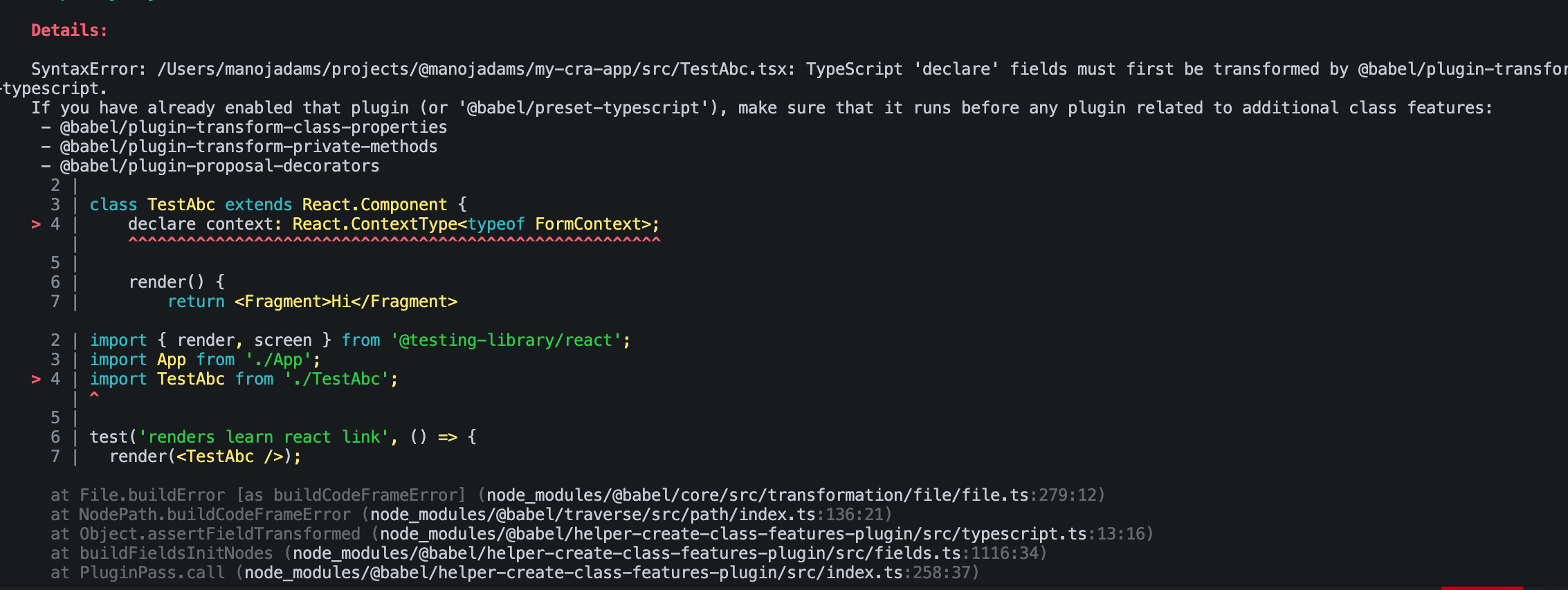 React Scripts Test Not Working If We Use Declare Context Statement Inside A Class Component