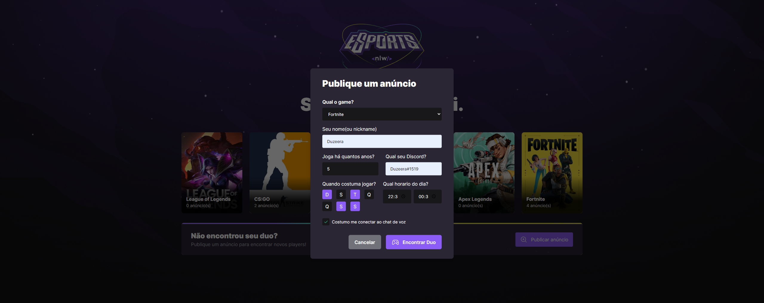 Github Duhandrade22nlw Esports Aplicação Em React E Typescript Fazendo A Comunicação Com Uma 