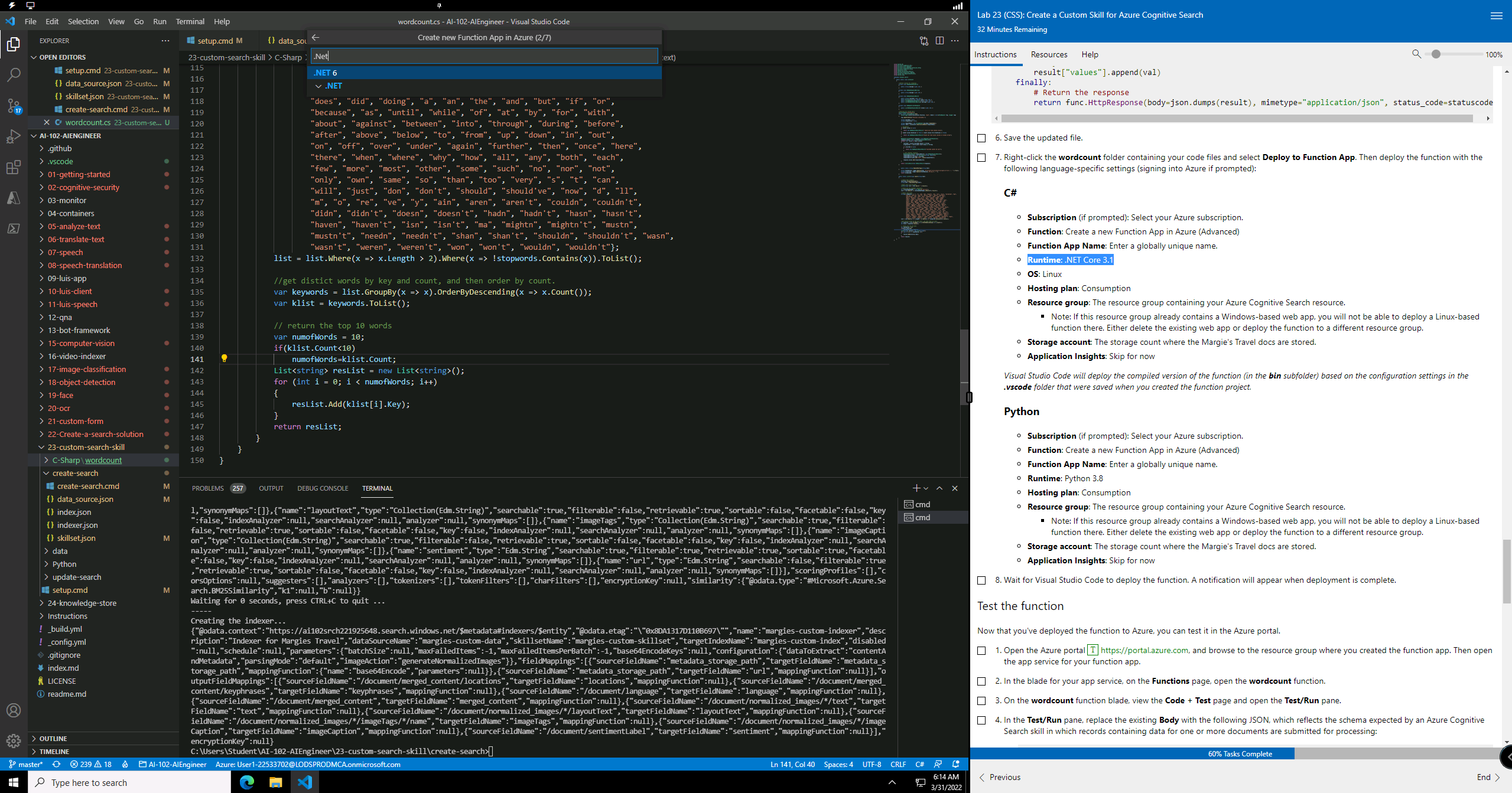 Lab 23: Cannot deploy function app with Runtime .Net Core3.1 · Issue #130 · MicrosoftLearning/AI ...