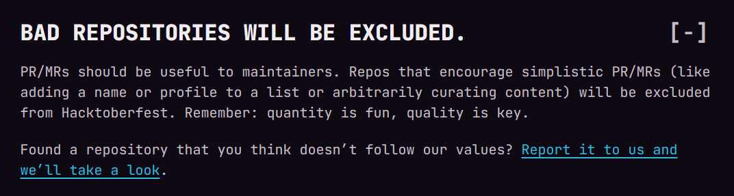 The repository will not be considered further in Hacktoberfest. · Issue #276 · Git21221/JS ...