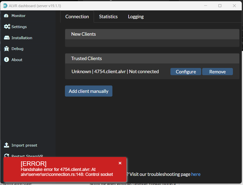Handshake Error Control Socket Failed To Connect · Issue 1566 · Alvr