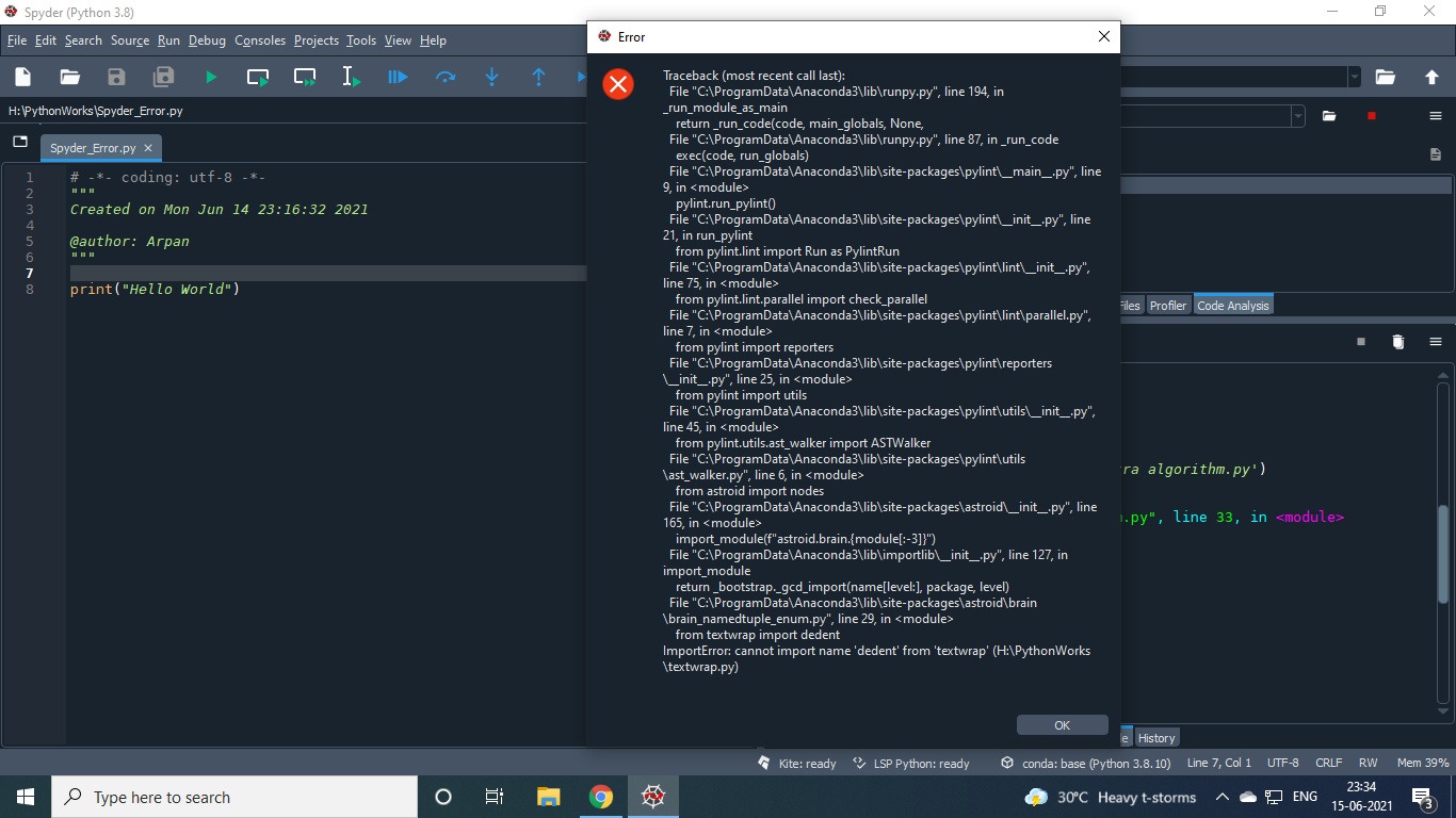 Error While Running Code Analysis · Issue 15868 · Spyder Idespyder · Github 