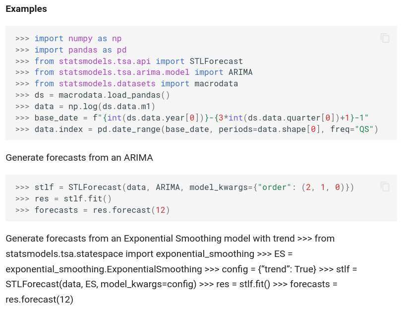 DOC Broken link to Seasonal Decomposition example notebook + typo in STLForecast docstring ...
