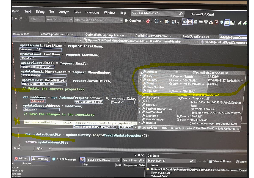 Address Value Object is not updating when I call var updatedEntity = await _repository ...