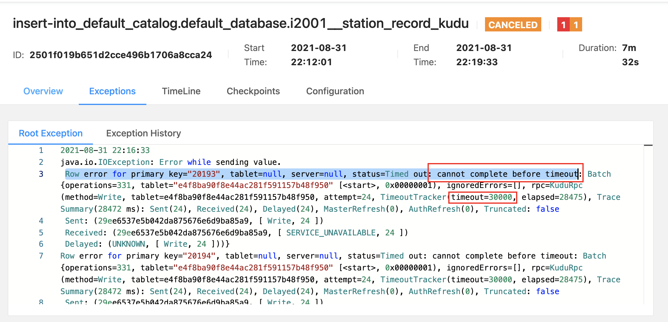 Row error for primary key="20193", tablet=null, server=null, status ...