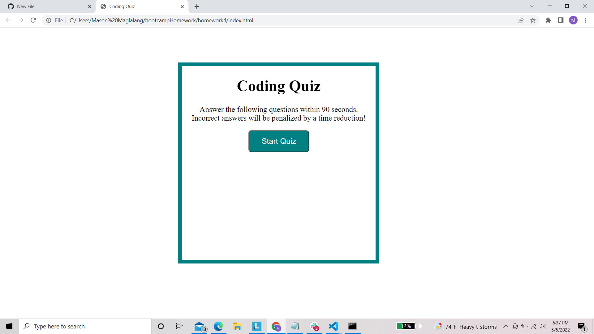 GitHub - MasonMags/JavaScript-Quiz: Homework 4