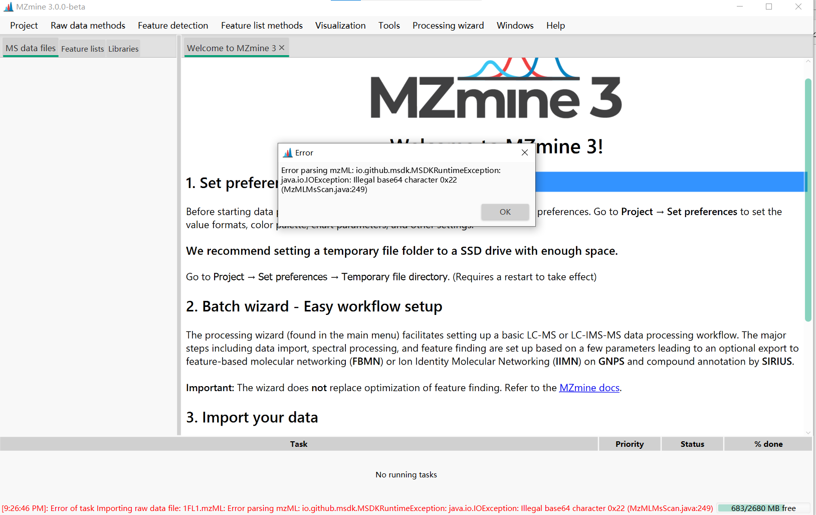 Error of task Importing raw data file(mzml format) · Issue #574 · mzmine/mzmine · GitHub