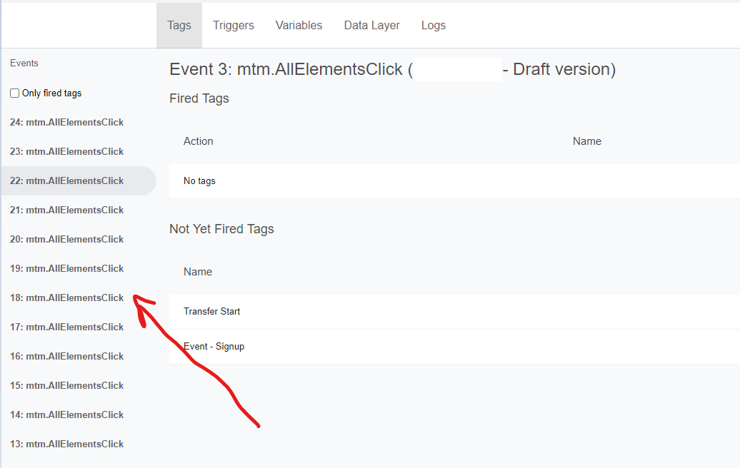 Tag manager debugger - clicking some events throw DOMException and erase contents of the ...