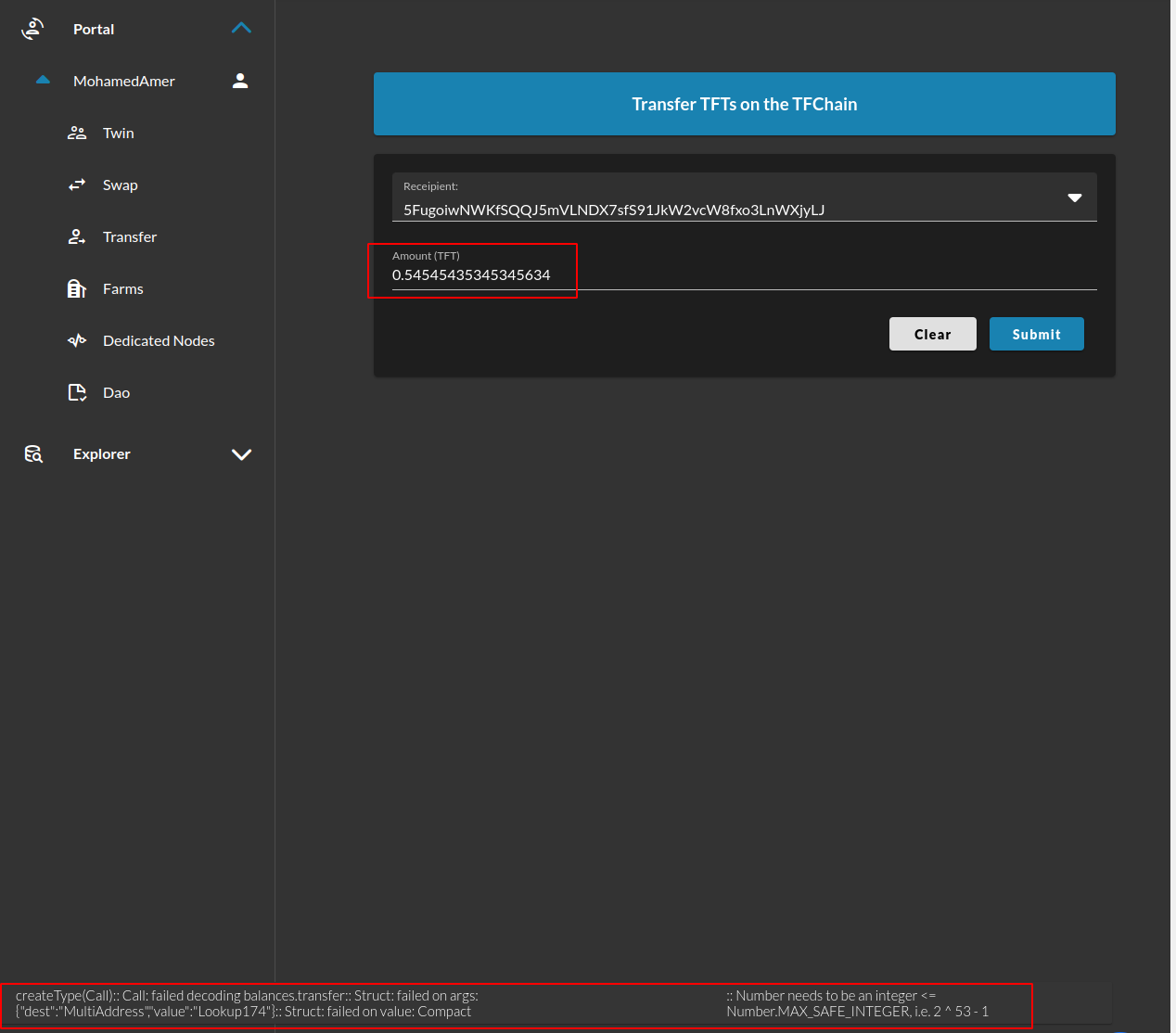 Large decimal numbers cause transfer TFT error. · Issue #162 · threefoldtecharchive/tfgrid ...