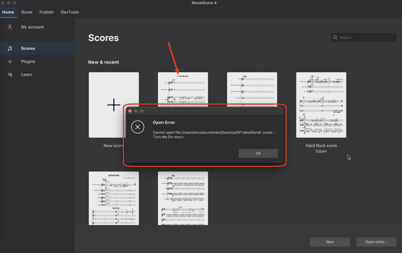 [MU4 Issue] Imported GP score which contain tuplets can't be opened after saving in .mscz file ...