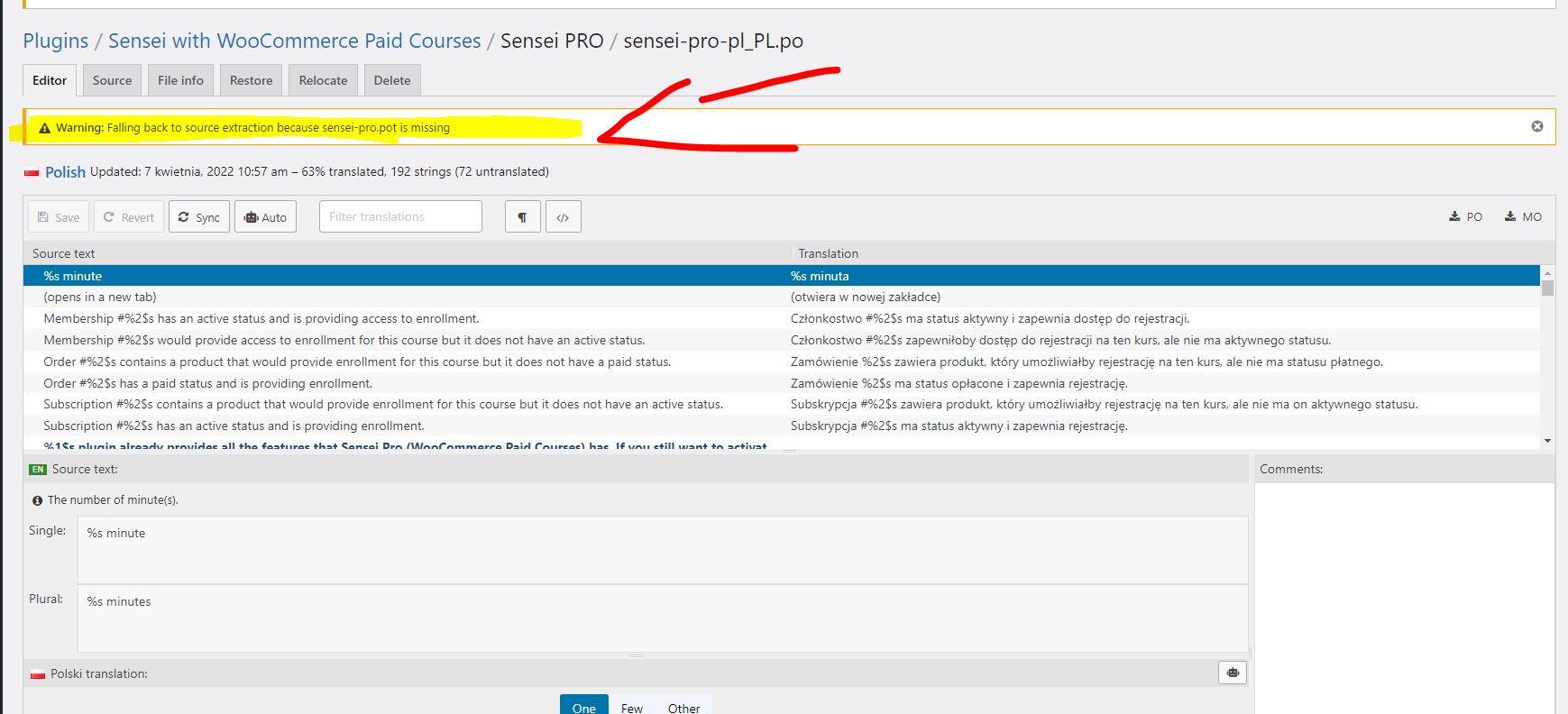After uploading to Sensei Pro (Paid WC Courses) I have a breakdown problem using Loco Translate ...