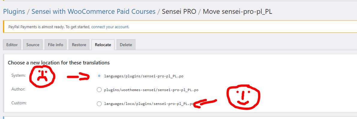 After uploading to Sensei Pro (Paid WC Courses) I have a breakdown problem using Loco Translate ...