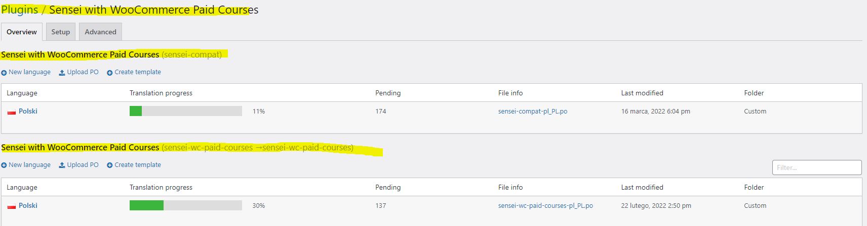 After uploading to Sensei Pro (Paid WC Courses) I have a breakdown problem using Loco Translate ...