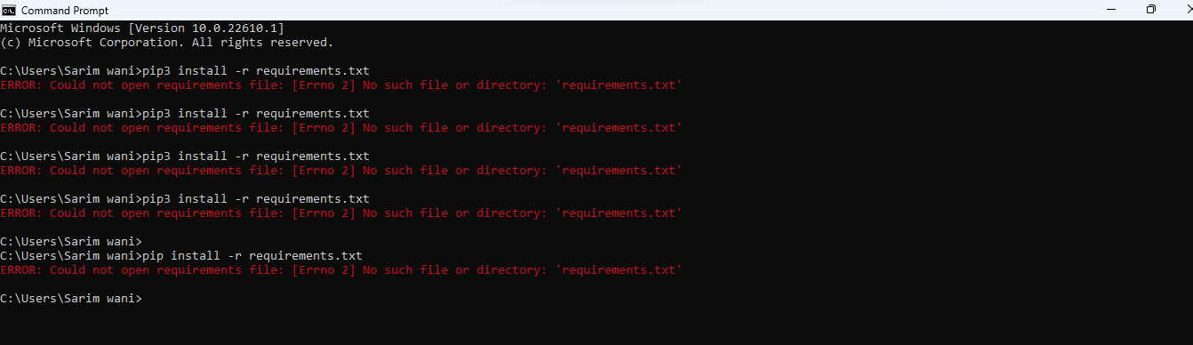 ERROR: Could not open requirements file: [Errno 2] No such file or directory: 'requirements.txt ...