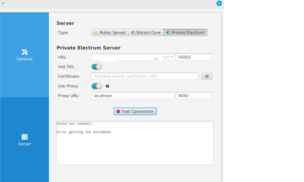 Error getting fee estimates when connecting to private Electrum Server ...