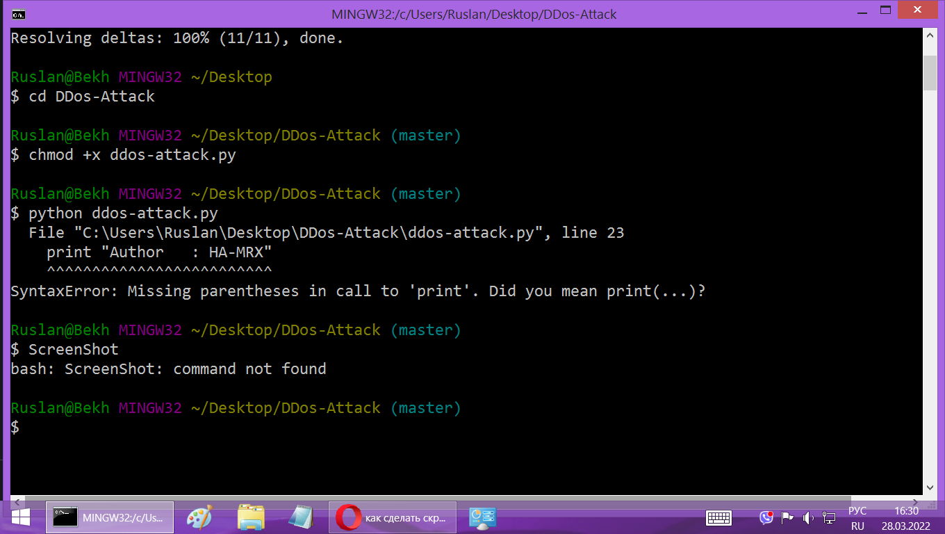 hmmmm not working, syntax error · Issue #86 · Ha3MrX/DDos-Attack · GitHub