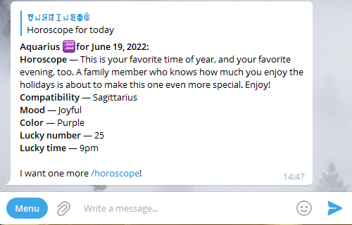 GitHub - pervukhina-anna/aiogram_horoscope_bot: Telegram bot (powered by aiogram) that will send ...