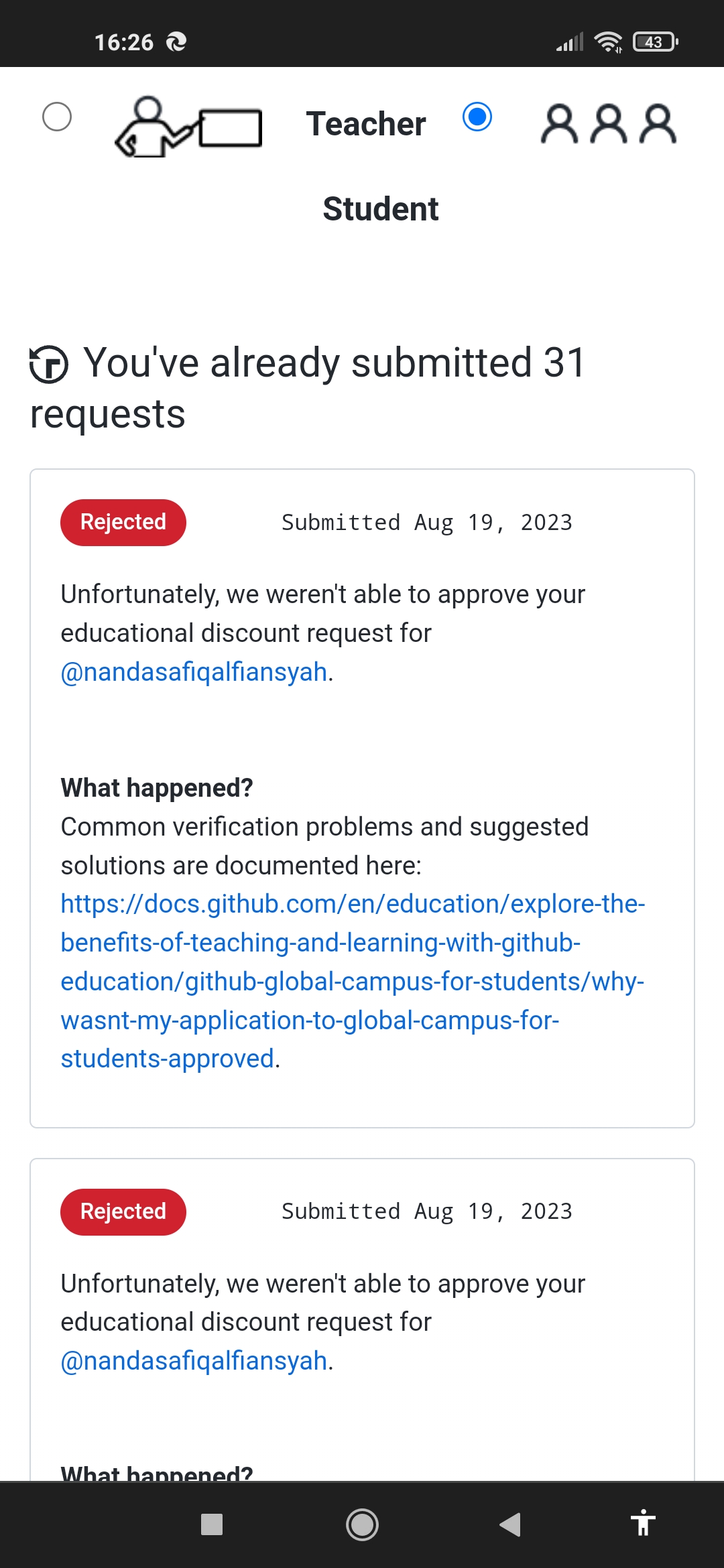 Problem in providing the proof for Student Developer Pack · community · Discussion #56401 · GitHub
