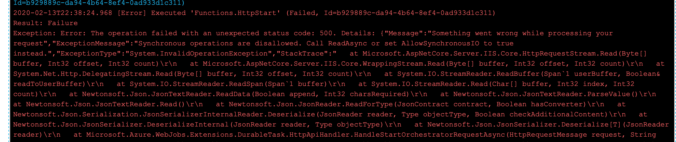 Synchronous Deserialization Of Request Content In Handlestartorchestratorrequestasync Results In