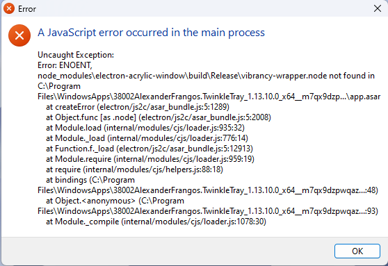A JavaScript error occurred in the main process · Issue #329 · xanderfrangos/twinkle-tray · GitHub