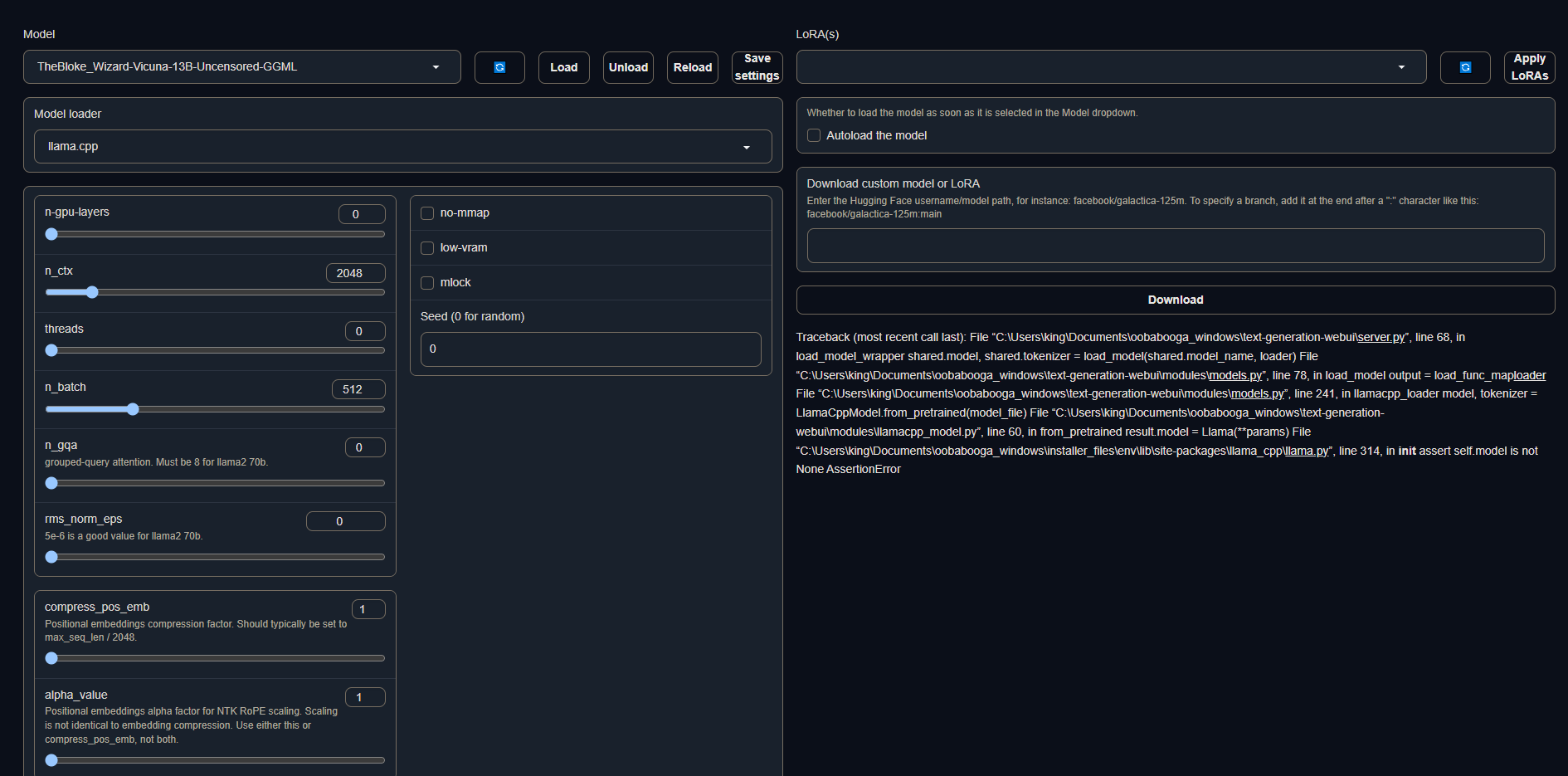 Failed to load the model · Issue #3399 · oobabooga/text-generation-webui · GitHub