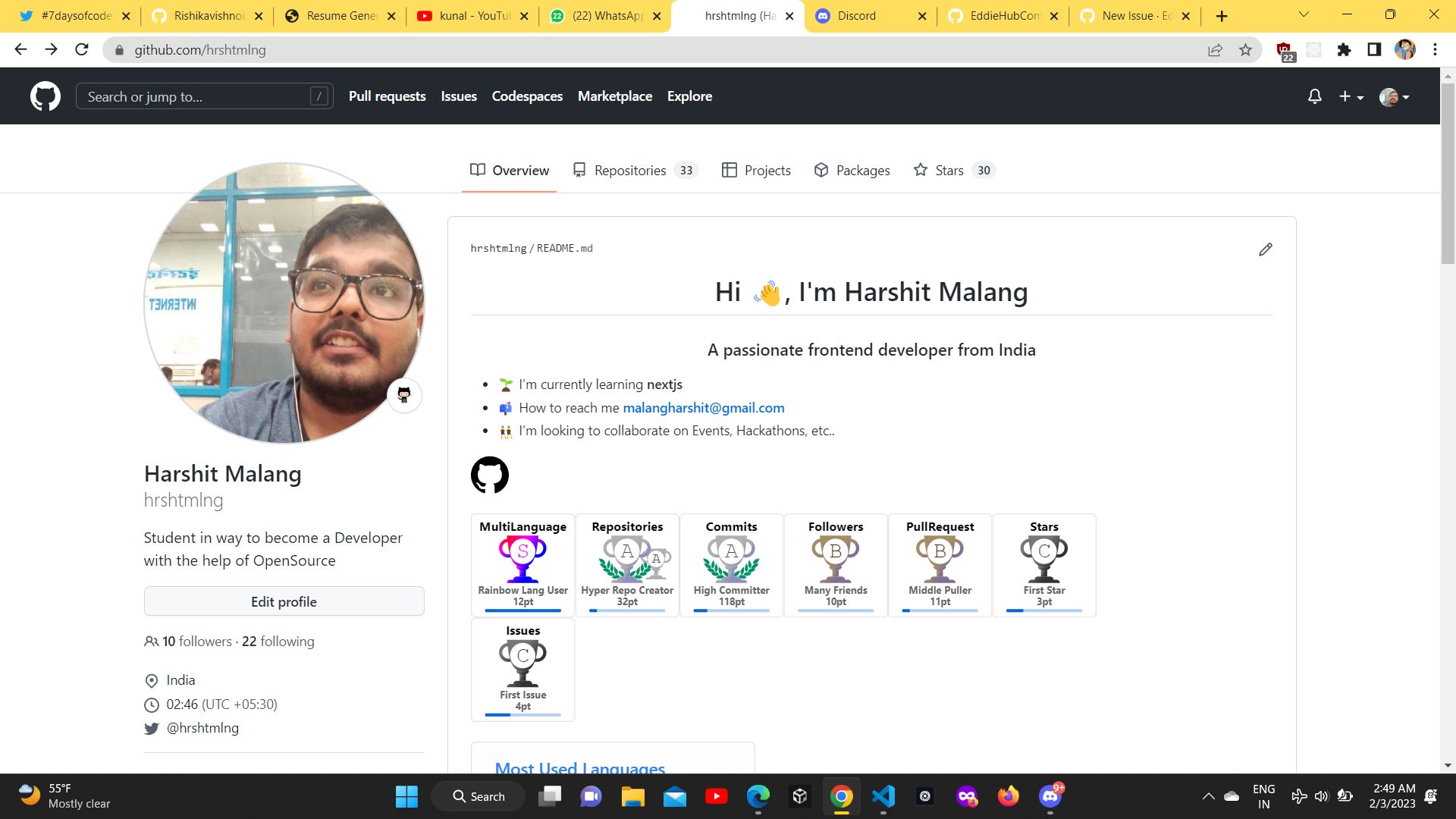 [PROFILE ADDITION]Harshit Malang · Issue #1702 · EddieHubCommunity/awesome-github-profiles · GitHub