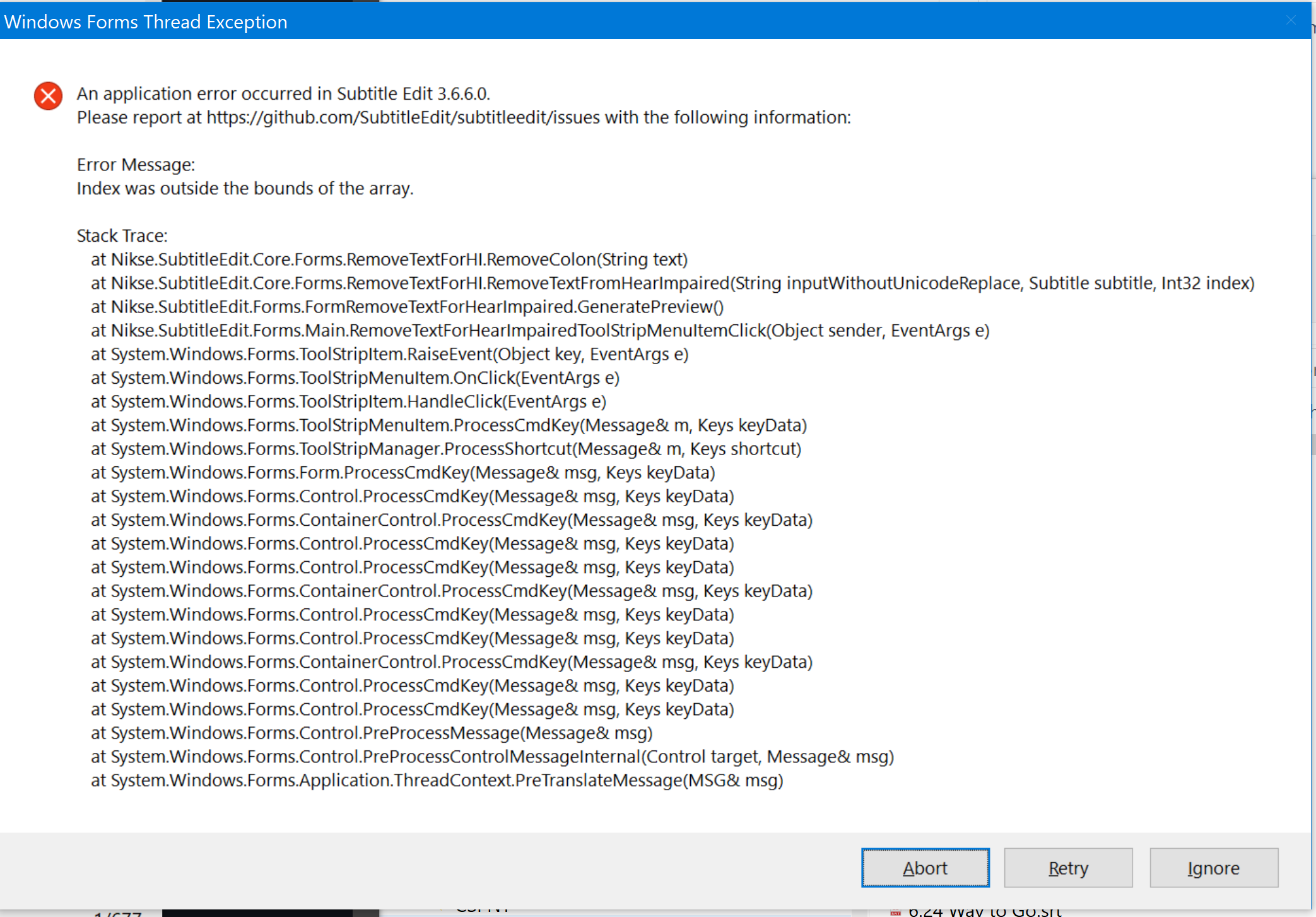 Application error - Index was outside the bounds of the array · Issue #6054 · SubtitleEdit ...