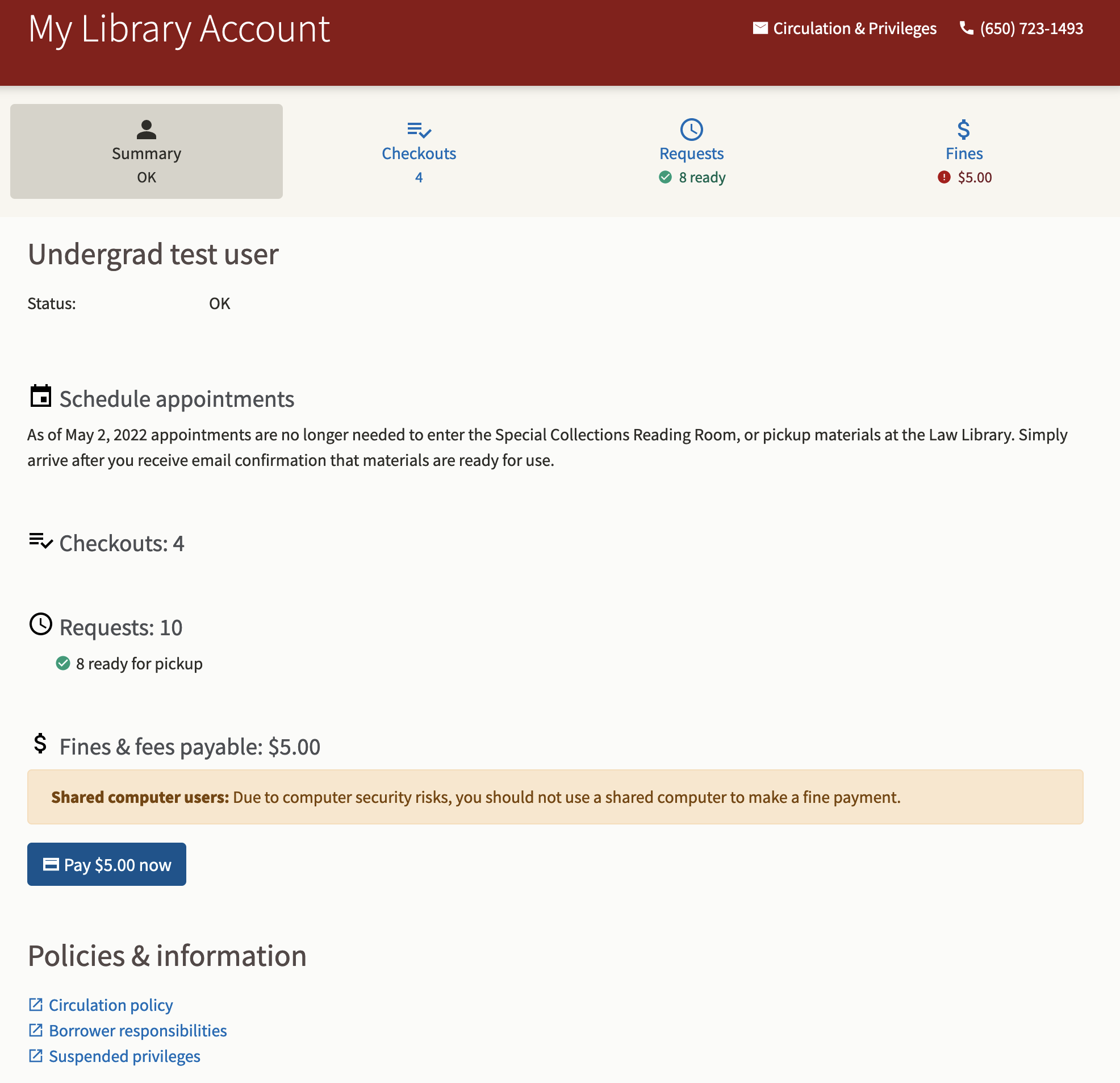 Users should be instructed not to use shared computers/kiosks/cluster machines to pay fines ...