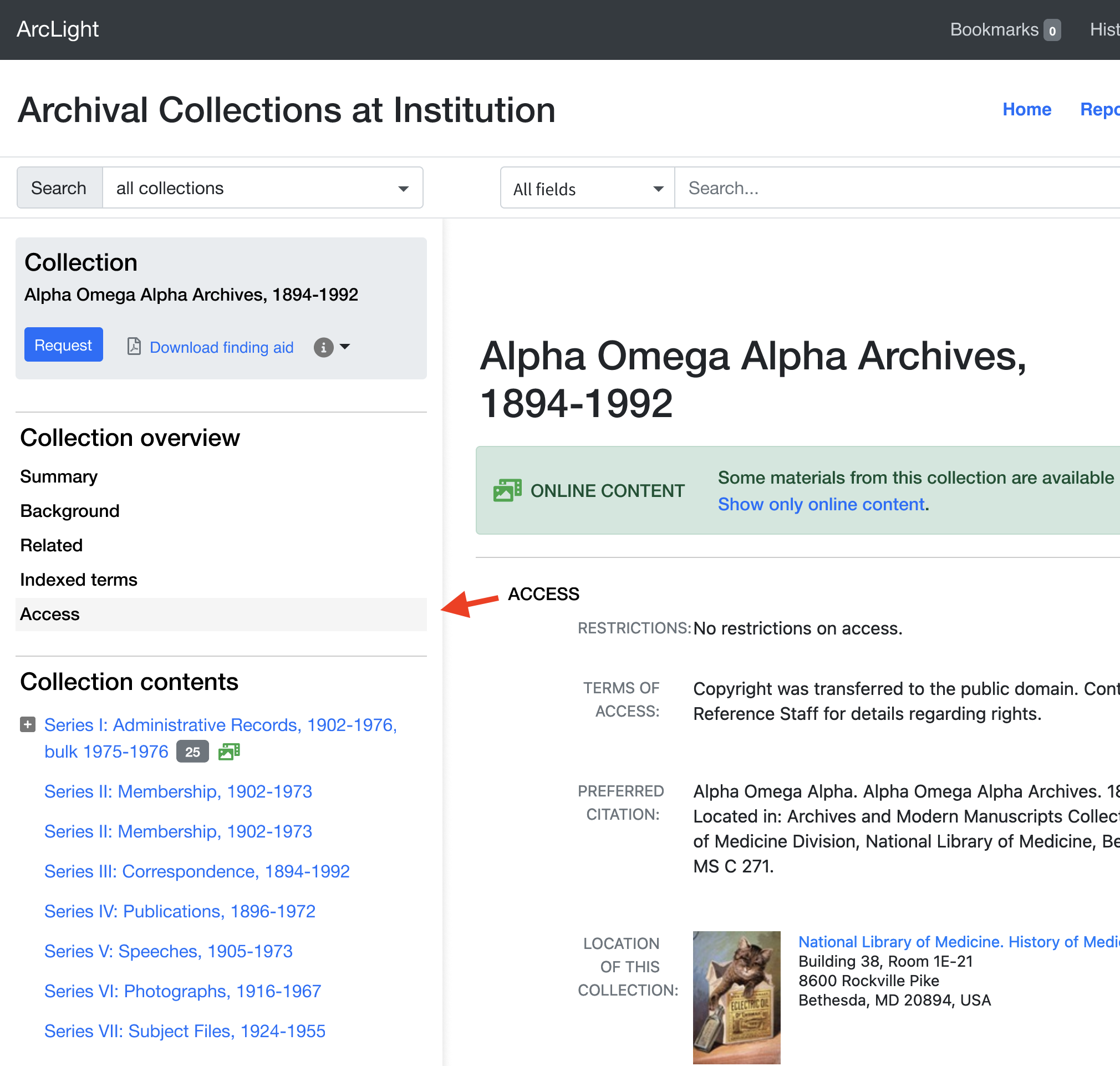 Add "Access" to the Collection overview sidebar nav · Issue #1249 · projectblacklight/arclight ...