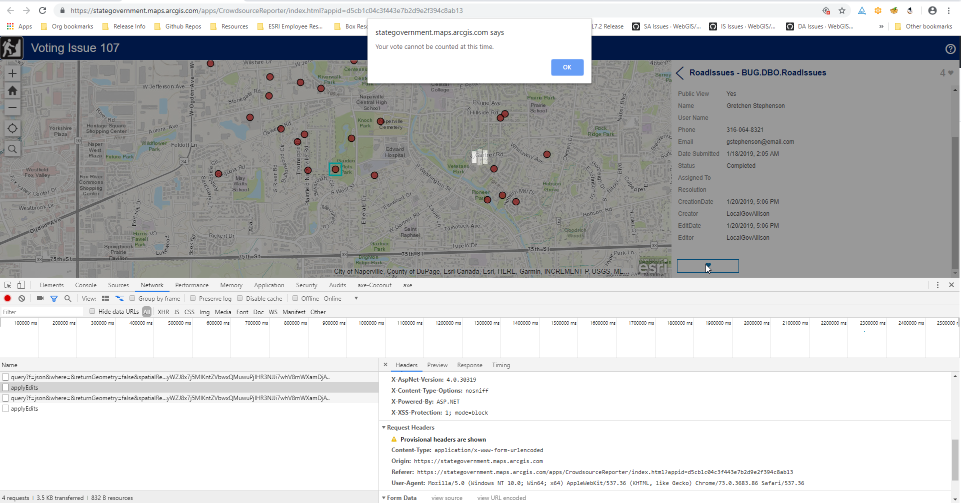When using ArcGIS server layer, Crowdsource Reporter voting functionality is throwing "your vote ...
