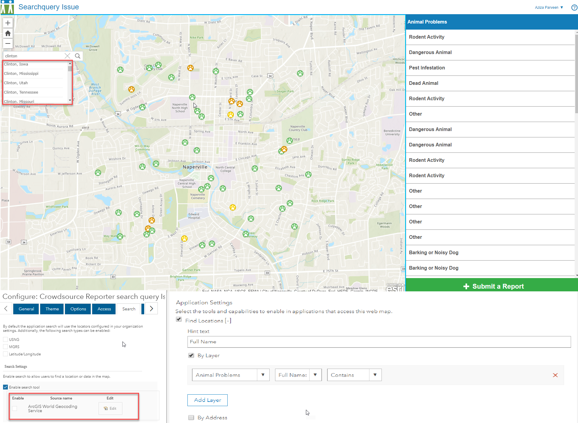 Crowdsource Reporter is not properly formatting search query when layer has an existing filter ...