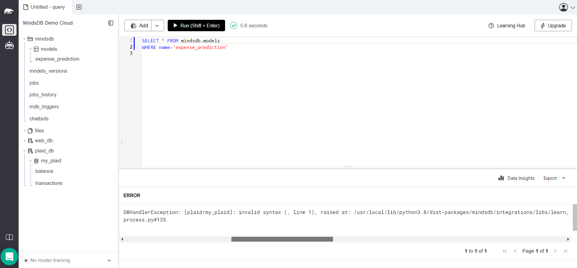 [bug] Unable To Create Model With Plaid Data Source Syntax Error · Issue 8171 · Mindsdb