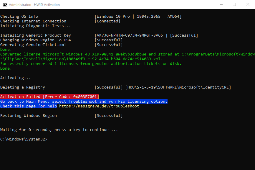 Failed HWID activation [Error 0x803F7001] · Issue #268 · massgravel/Microsoft-Activation-Scripts ...