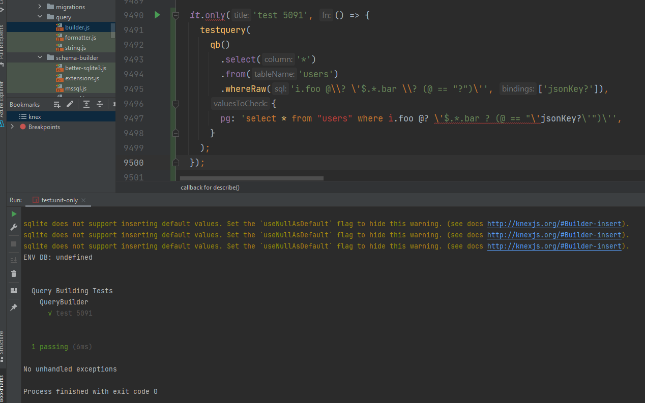 Escaped question marks (\\?) in whereRaw as treated as bindings · Issue #5091 · knex/knex · GitHub