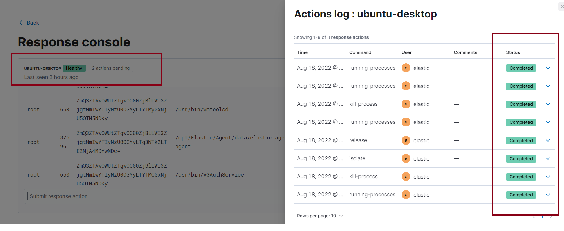 [Security Solution] kill-process action log is successful however the badge keeps showing action ...