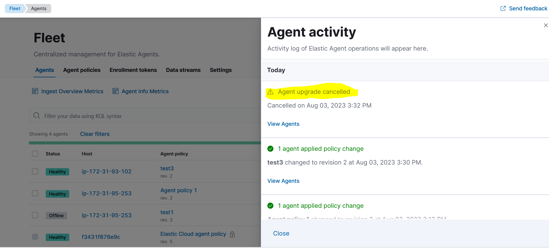 [Fleet]: ''Agent' upgrade cancelled' is shown on 'Agent activity' flyout on Abort upgrading ...
